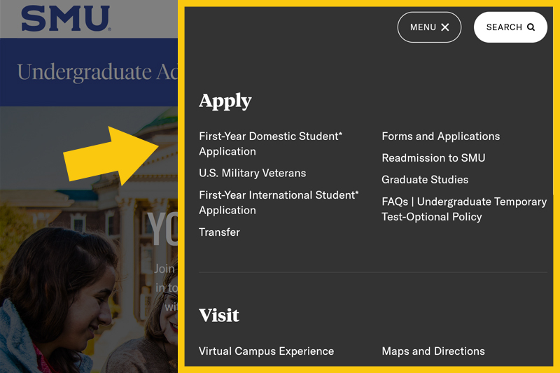 Navigation menu options - SMU